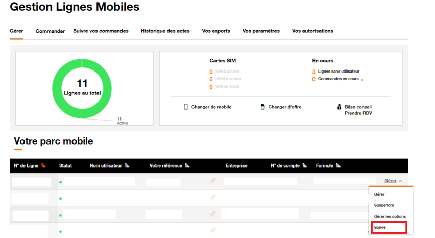 Consulter le suivi conso d'une ligne mobile Pro - Assistance Orange Pro