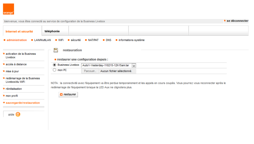 Business Livebox : restaurer la configuration - Assistance Orange Pro